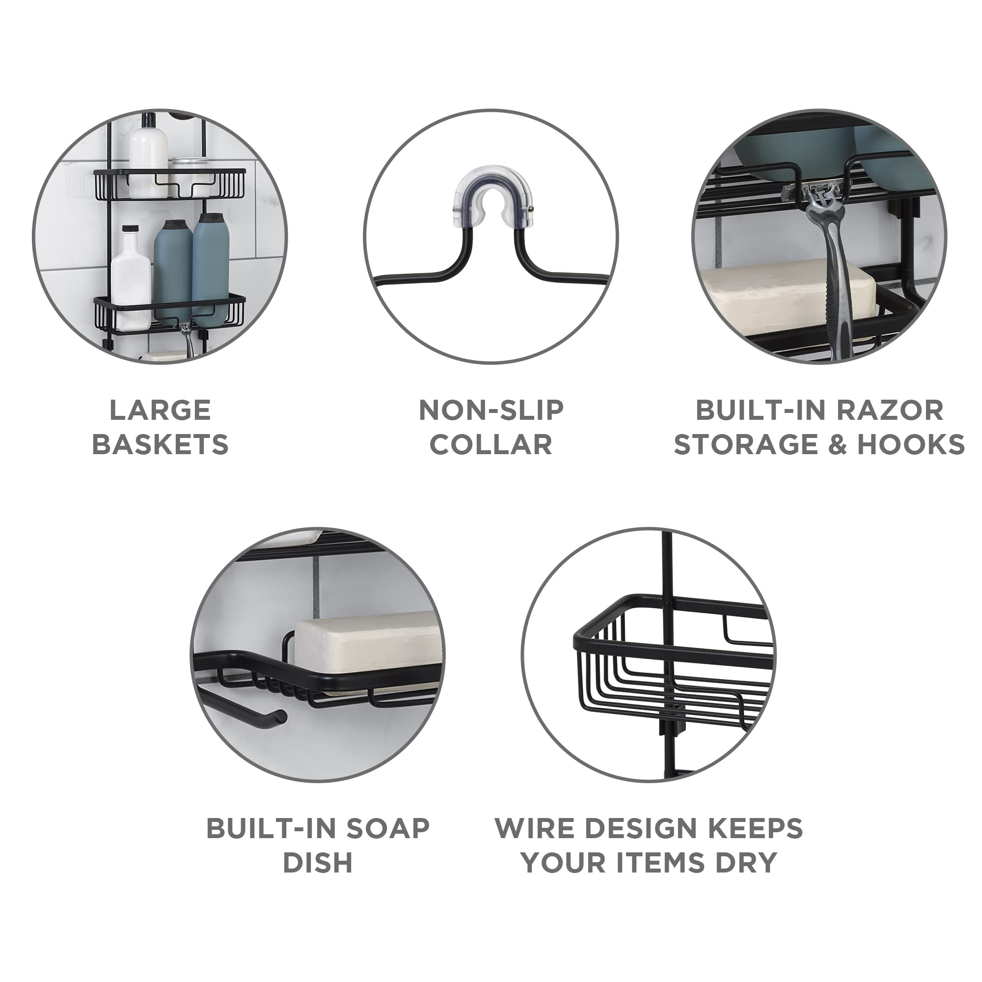 Zenna Home Rustproof Shower Caddy Hanging Bathroom Organizer, Aluminum Shower Rack with 2 Shelves and Built in Hooks, Premium Over Shower Head Storage System, Black