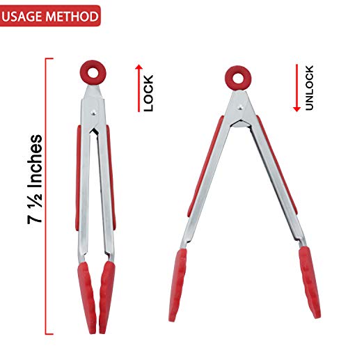 HINMAY Small Tongs with Silicone Tips 7-Inch Mini Serving Tongs, Set of 3 (Red Blue Green)