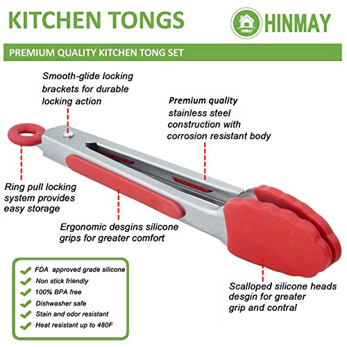 HINMAY Small Tongs with Silicone Tips 7-Inch Mini Serving Tongs, Set of 3 (Red Blue Green)