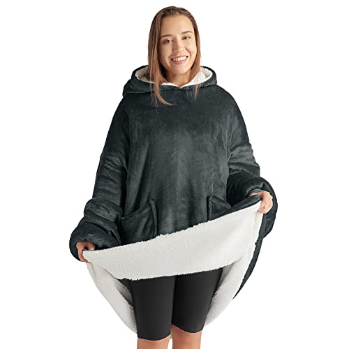 CozyLux Wearable Blanket Hoodie Gifts for Women, Oversized Warm Sherpa Flannel Sweatshirt Blanket with Hood and Pockets, One Size Fits All Presents for Women, Grey