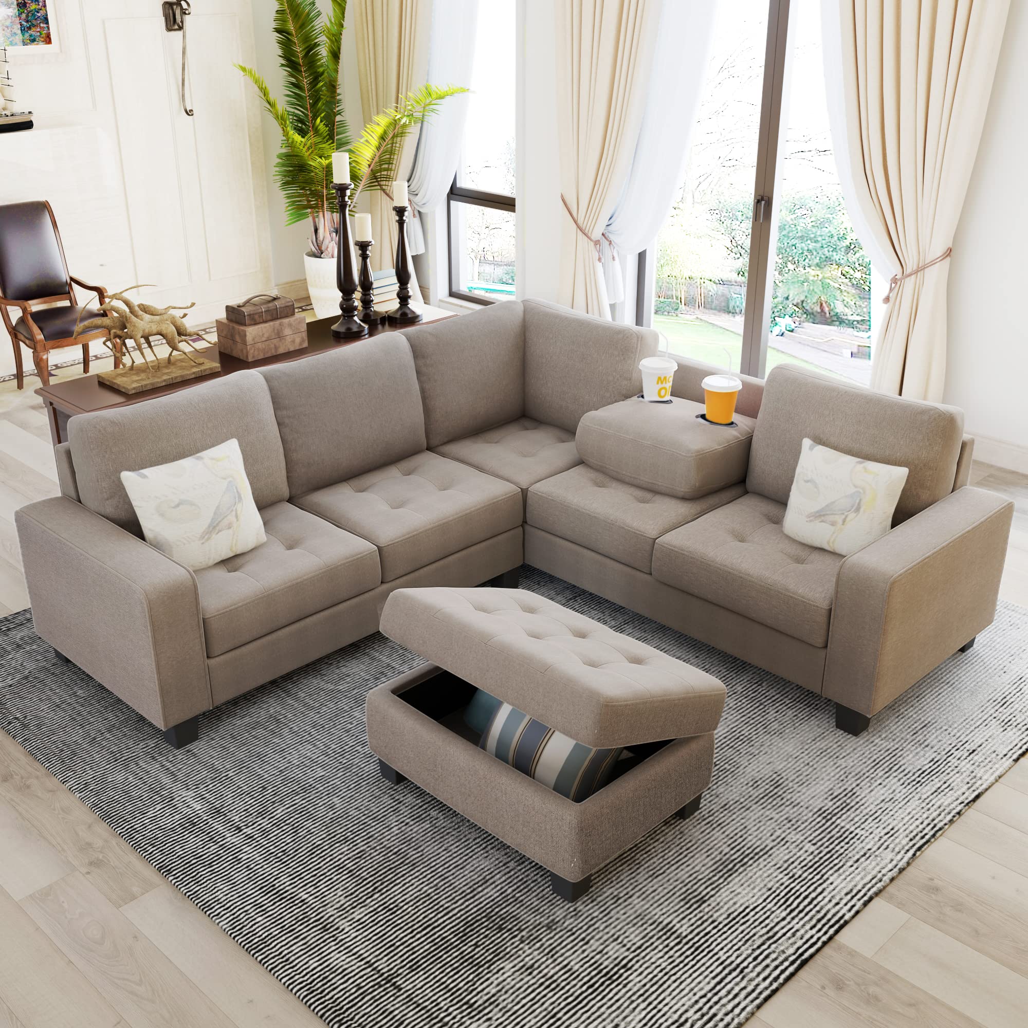 Merax Sectional Corner Sofa Set, Modern L-Shaped Couch with Storage Ottoman and Cup Holders for Living Room, Linen Brwon
