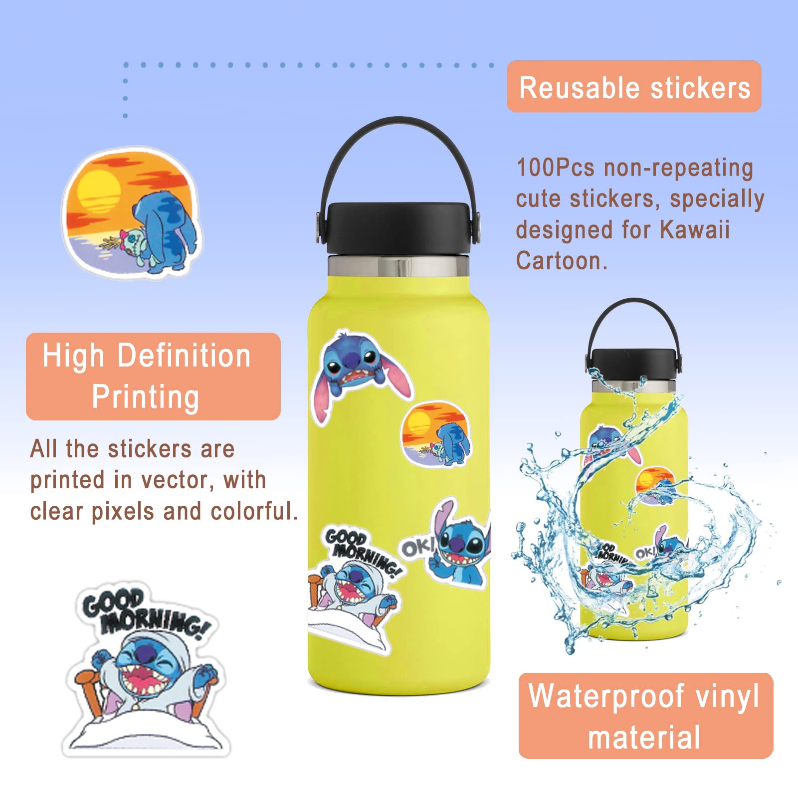 100 Pcs Stitch Stickers,Waterproof Lilo & Stitch Stickers for Water Bottles, Laptop,Bumper,Computer,Phone,Helmet,Vinyl Reusable Stickers and Decals Kids Teens