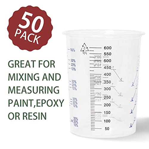 FEXIA 50-Pcs Resin Mixing Cups 600ml (20oz) Disposable Measuring Cups Plastic Measuring Cups for Art Epoxy Resin Supplies Kits Complete Set Molds Liquid Silicone Mica Powder Cooking Baking