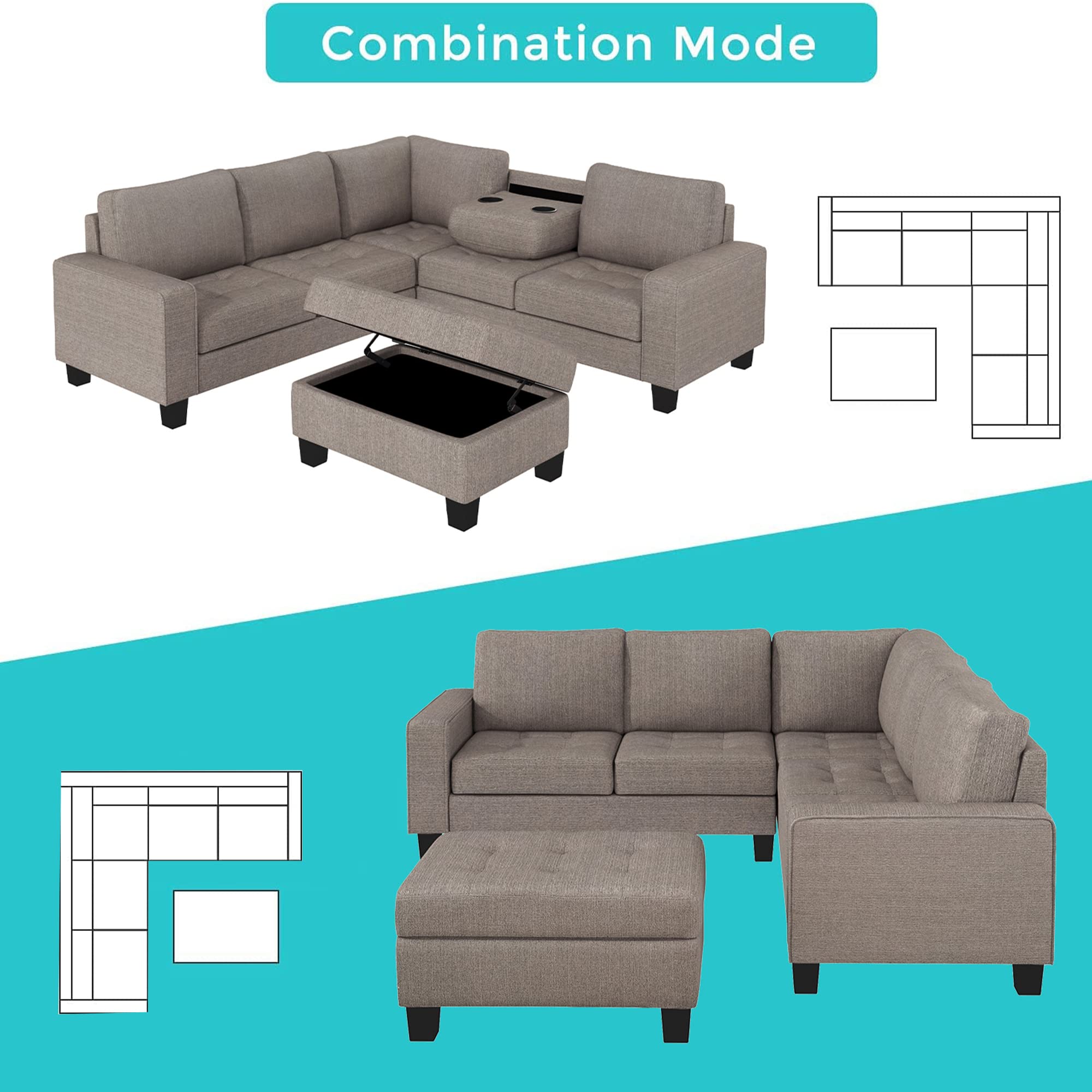 Merax Sectional Corner Sofa Set, Modern L-Shaped Couch with Storage Ottoman and Cup Holders for Living Room, Linen Brwon