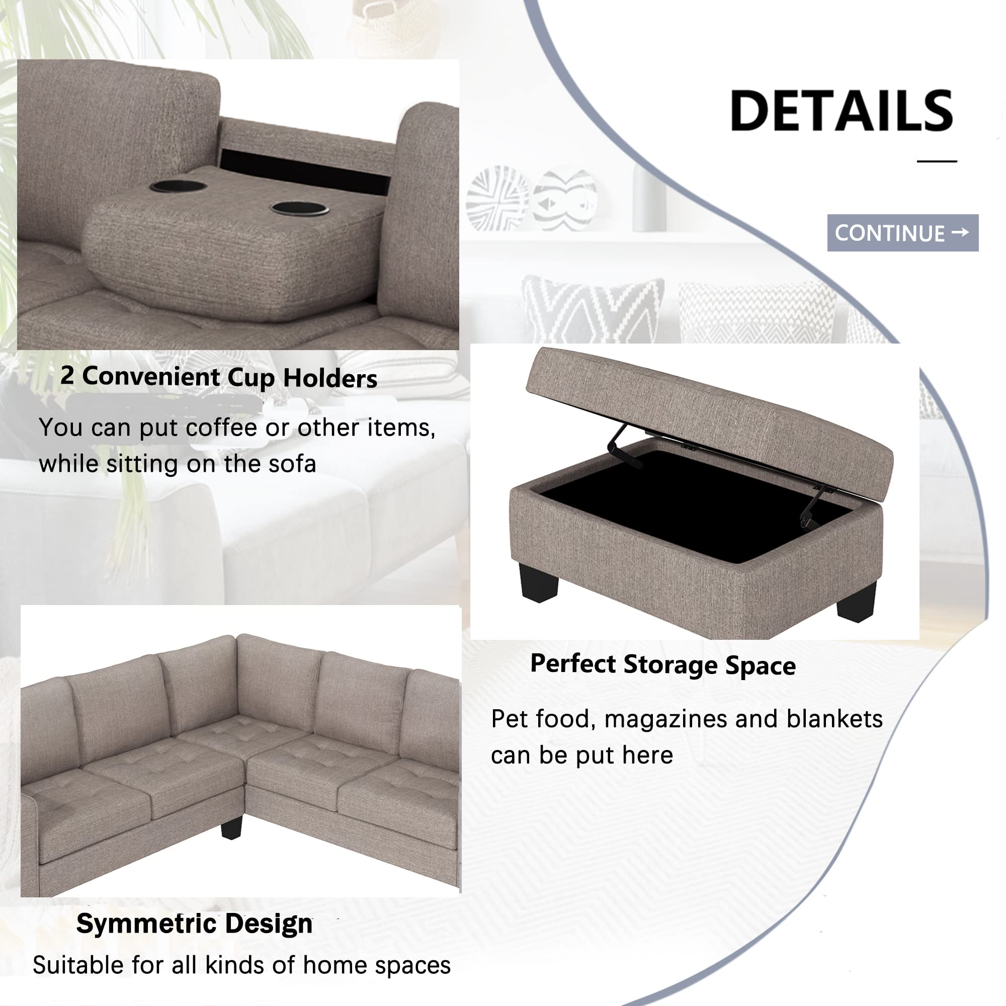 Merax Sectional Corner Sofa Set, Modern L-Shaped Couch with Storage Ottoman and Cup Holders for Living Room, Linen Brwon