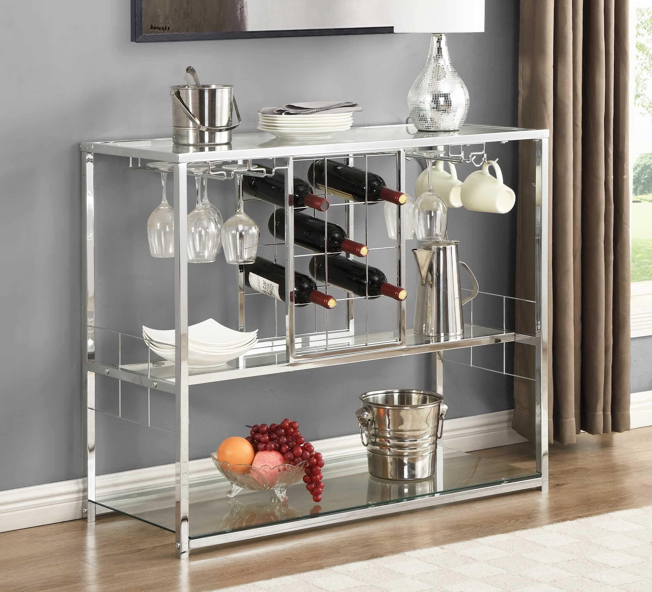 ASYA Wine Rack Table with Glass Holder, 3-Tier with Temered Glass Shelves, Modern Liquor Cabinet with Storage for Wine Bar, Living Room, Kitchen and Dining Room (Silver Finish)