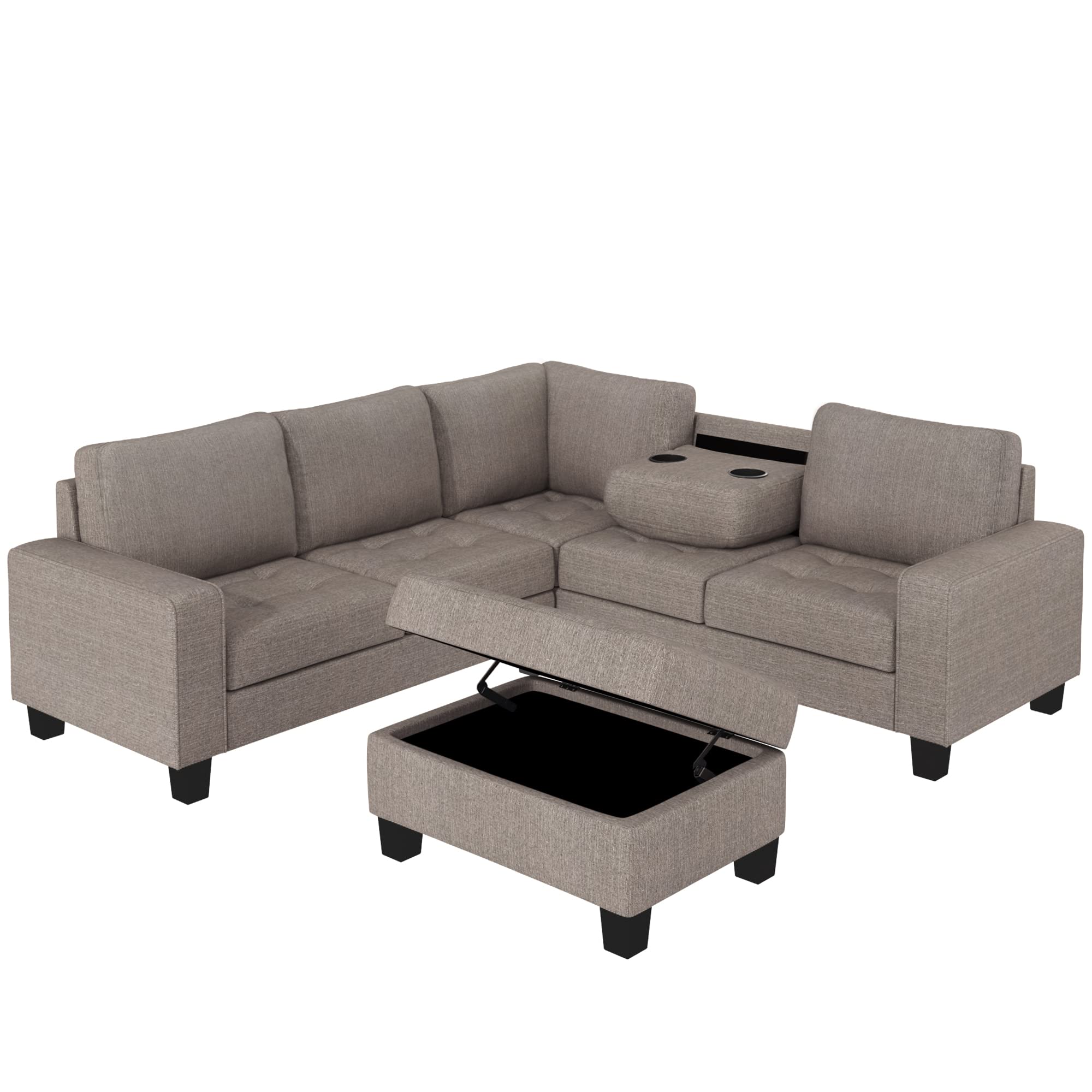 Merax Sectional Corner Sofa Set, Modern L-Shaped Couch with Storage Ottoman and Cup Holders for Living Room, Linen Brwon