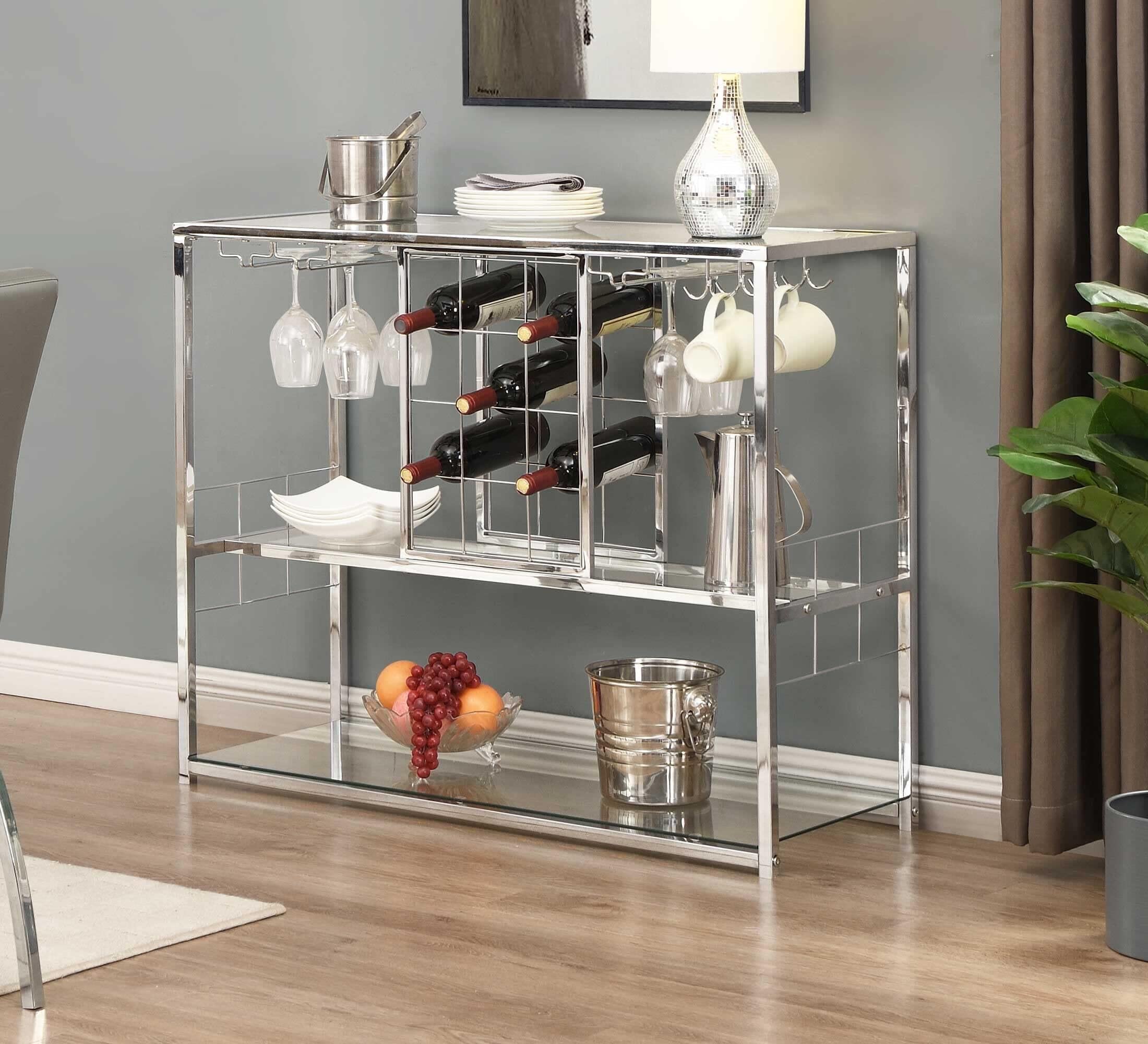 ASYA Wine Rack Table with Glass Holder, 3-Tier with Temered Glass Shelves, Modern Liquor Cabinet with Storage for Wine Bar, Living Room, Kitchen and Dining Room (Silver Finish)