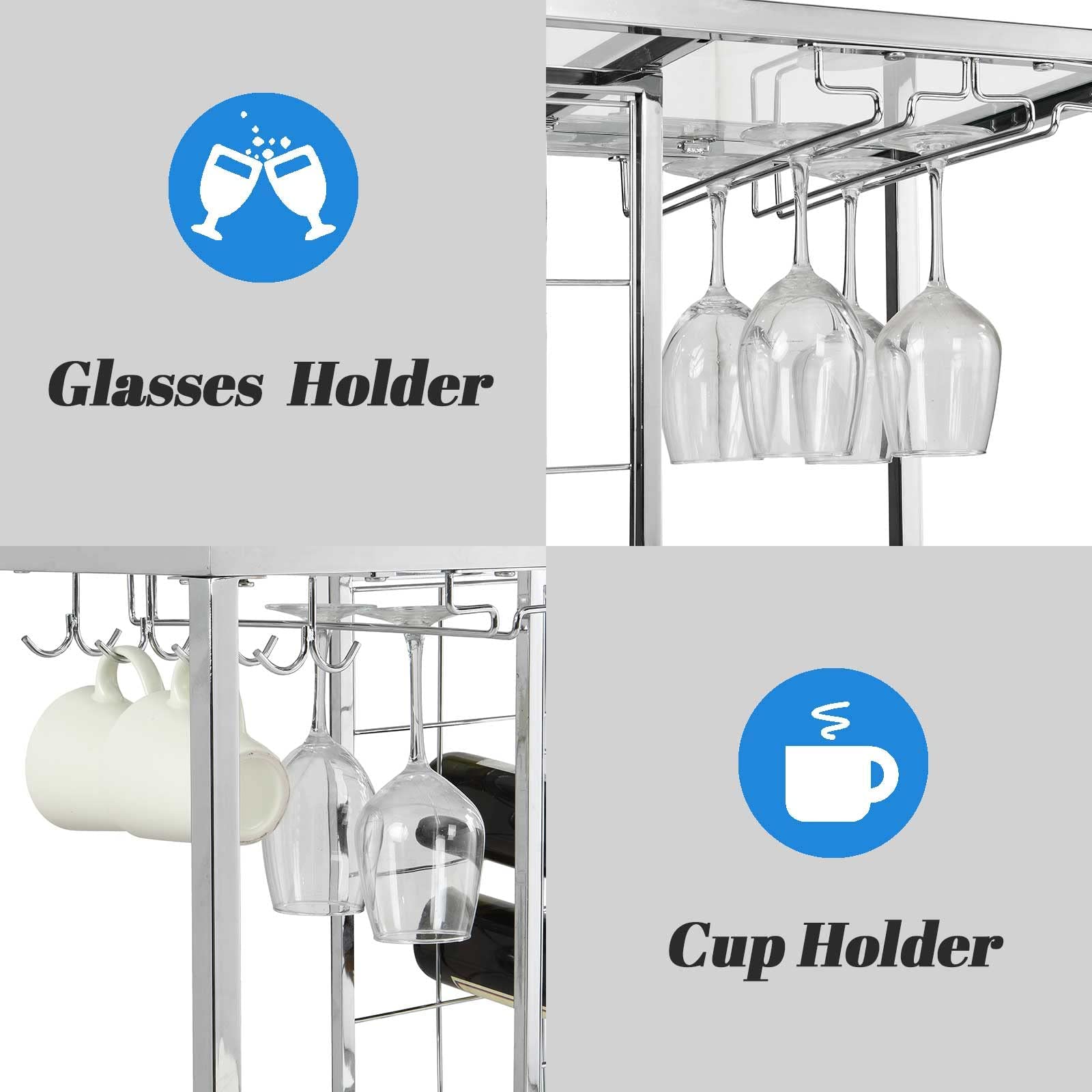 ASYA Wine Rack Table with Glass Holder, 3-Tier with Temered Glass Shelves, Modern Liquor Cabinet with Storage for Wine Bar, Living Room, Kitchen and Dining Room (Silver Finish)