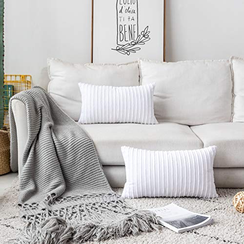 UGASA Velvet Pillow Covers Striped, Decorative Throw Cushion Case with Hidden Zipper for Home Couch/Bedroom/Car, Soft Cozy Solid Oblong, 1 Piece (12"x20", Pure White)