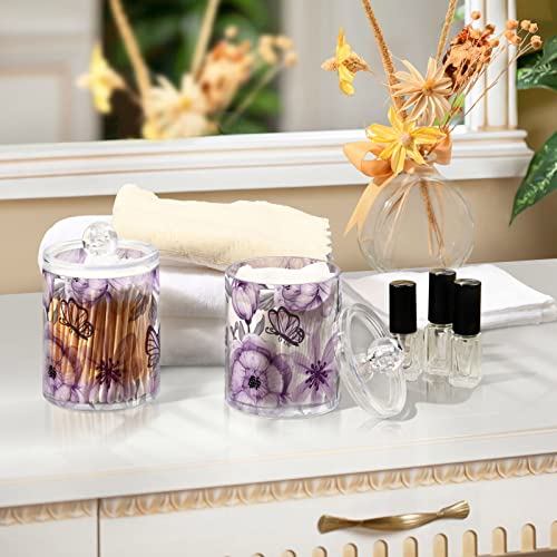 Clear Plastic Jar Set for Cotton Ball, Cotton Swab, Cotton Round Pads, Floss, Purple Flower and Butterfly Bathroom Canisters Storage Organizer, Vanity Makeup Organizer,2Pack