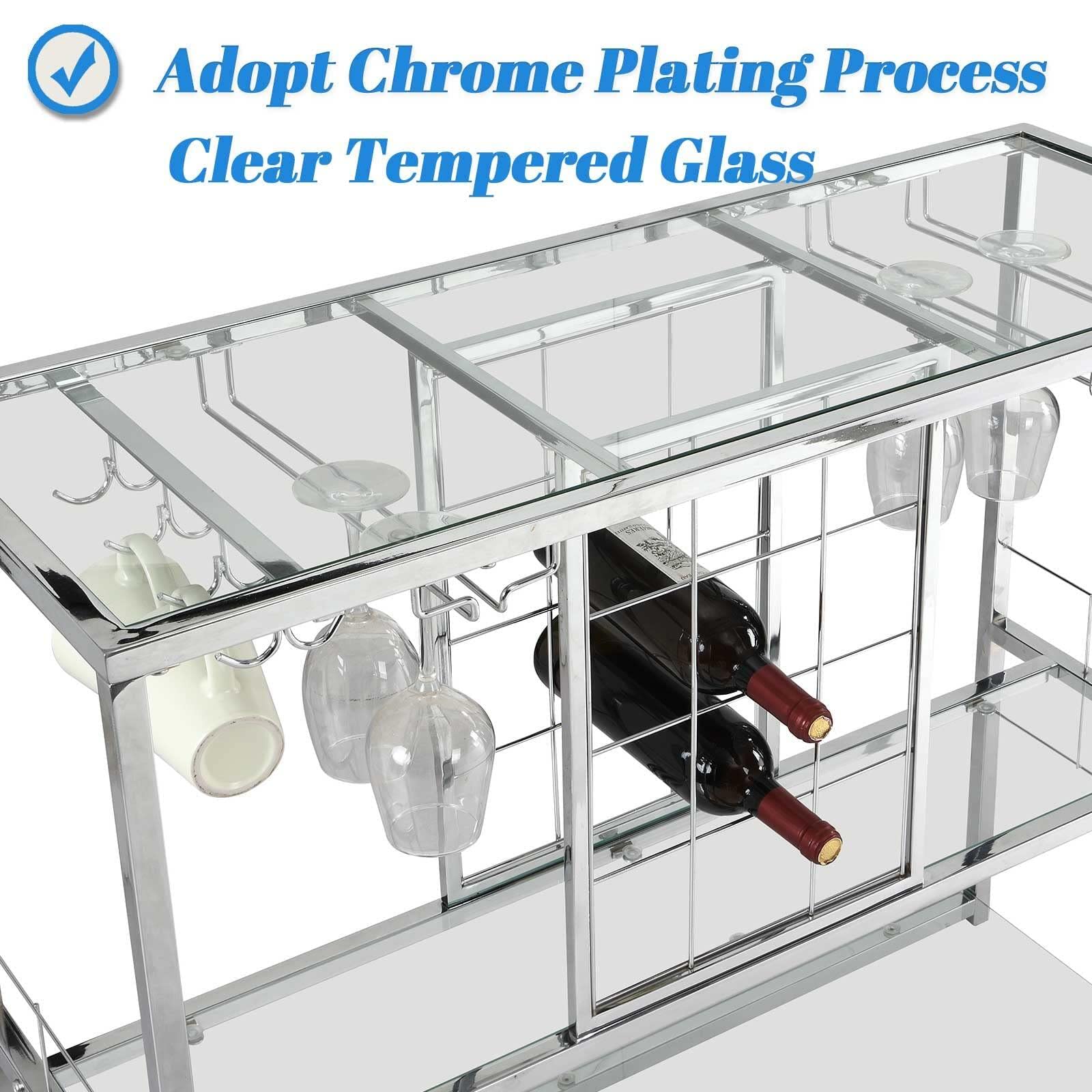 ASYA Wine Rack Table with Glass Holder, 3-Tier with Temered Glass Shelves, Modern Liquor Cabinet with Storage for Wine Bar, Living Room, Kitchen and Dining Room (Silver Finish)