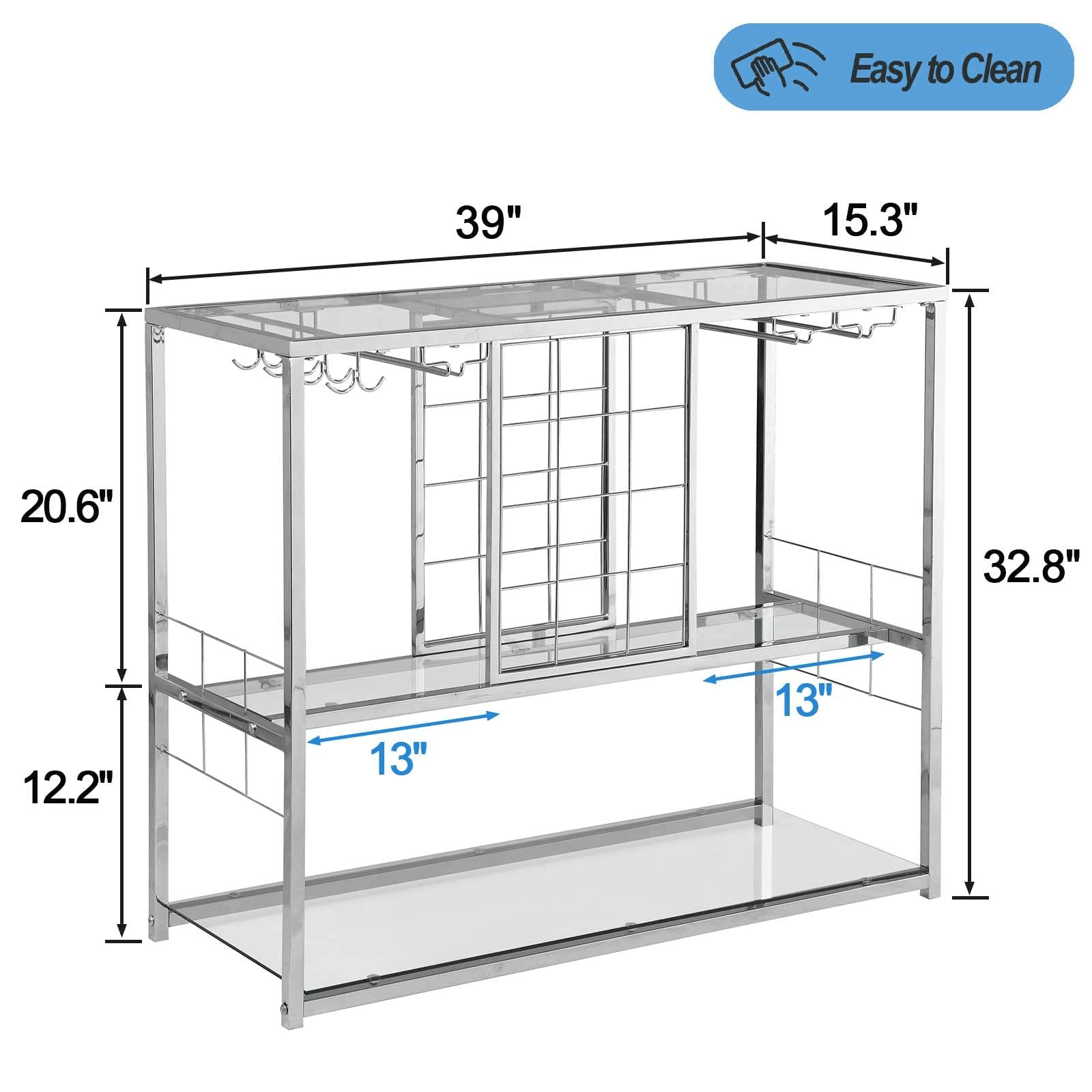 ASYA Wine Rack Table with Glass Holder, 3-Tier with Temered Glass Shelves, Modern Liquor Cabinet with Storage for Wine Bar, Living Room, Kitchen and Dining Room (Silver Finish)