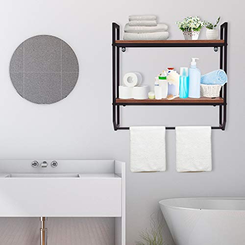 Kinsuite 2-Tier Metal Industrial Wall Mounted Bathroom Shelves Rustic Wall Storage Rack Over Toilet with Towel Bar, Floating Shelves Towel Holder