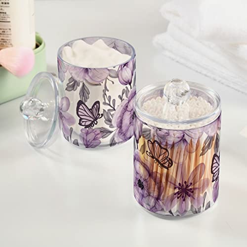 Clear Plastic Jar Set for Cotton Ball, Cotton Swab, Cotton Round Pads, Floss, Purple Flower and Butterfly Bathroom Canisters Storage Organizer, Vanity Makeup Organizer,2Pack