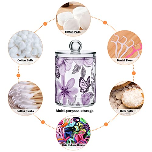 Clear Plastic Jar Set for Cotton Ball, Cotton Swab, Cotton Round Pads, Floss, Purple Flower and Butterfly Bathroom Canisters Storage Organizer, Vanity Makeup Organizer,2Pack