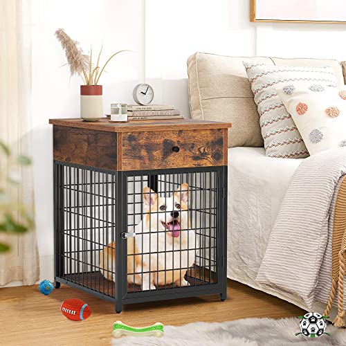 IDEALHOUSE Furniture Dog Crates, 28.9" Wood Dog Kennel with Flip-up Drawer Chew-Proof Home Wooden Dog Crate, Small Pet Dog Indoor Crate Side Table Vintage, 23.4β x 20β x 28.9β with Flip-up Drawer