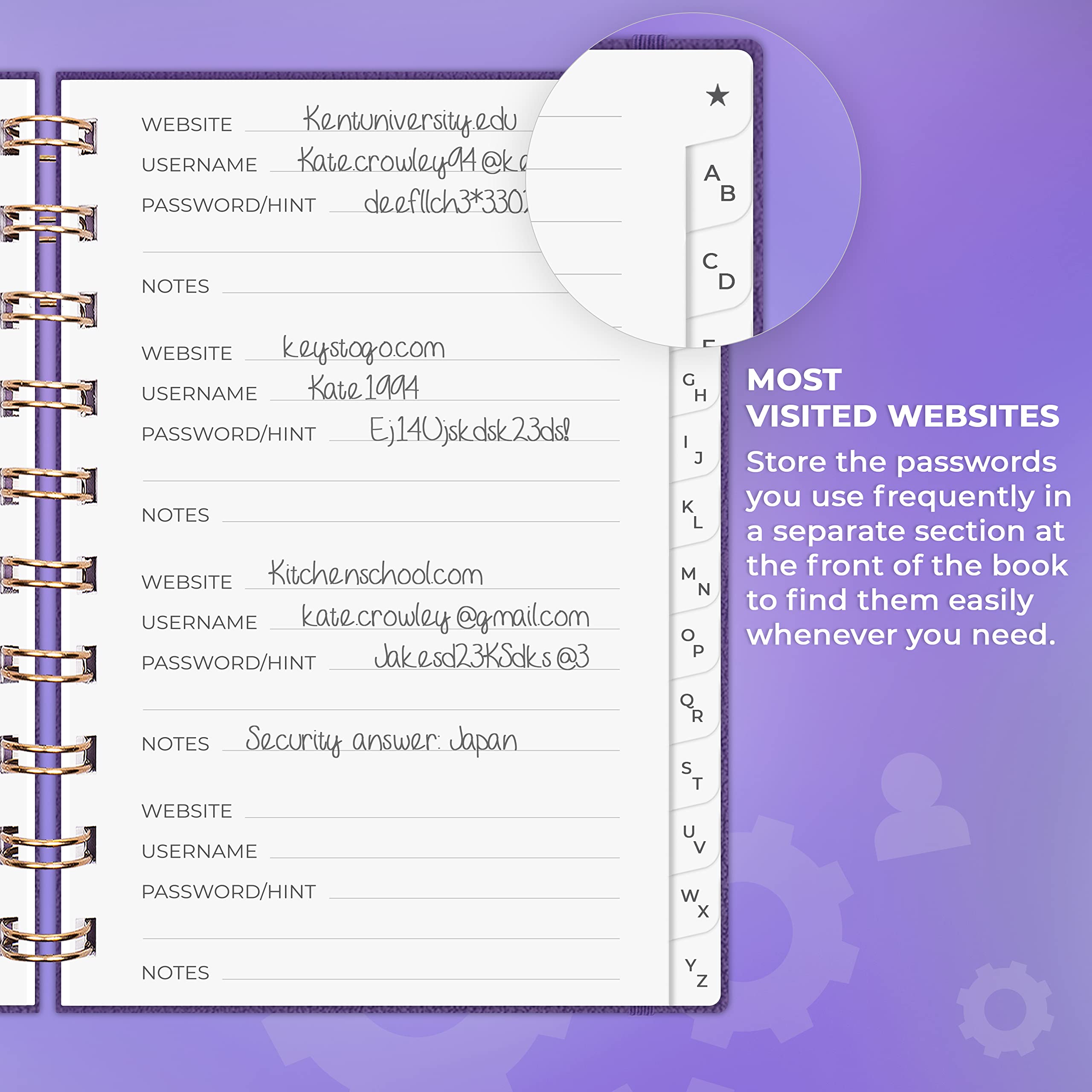 Clever Fox Password Book Spiral – Mini Internet Address & Password Organizer with Laminated Alphabetical Tabs – Small Password Keeper Journal – Hardcover, Pocket Size, 4.7x5.7” (Purple)