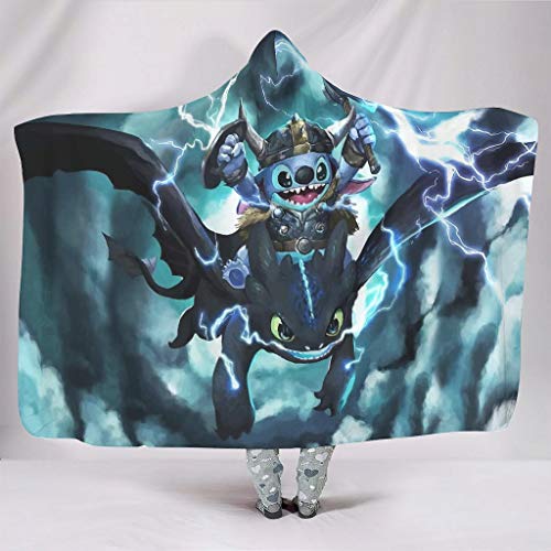 Zerosubsidi Stitch Toothless Viking Hoodie Blanket Throw Comfortable Wrap Wearable Blanket for Children Boys Girls Adults White 60x80 inch