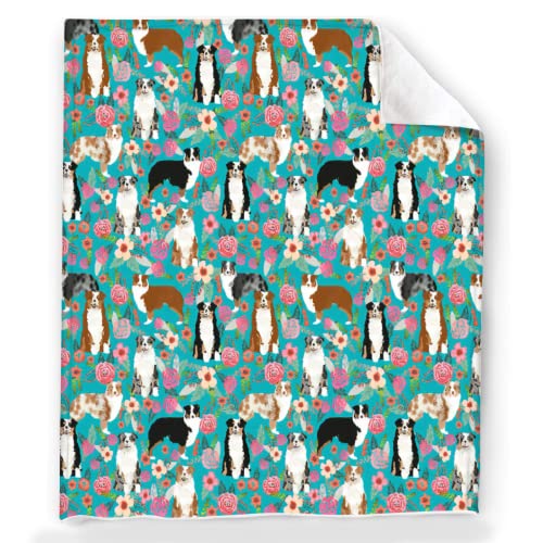 Australian Shepherd Dogs Flowers Throw Blanket Warm Ultra-Soft Micro Fleece Blanket for Bed Couch Living Room