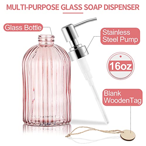 MOCLIF 16OZ Fashion Stripe Clear Glass Refillable Soap Dispenser with 304 Stainless Steel Pump Premium Soap Dispenser, for Kitchen, Bathroom, Hand Sanitizer, Liquid Soap, Lotion, etc. (Clear Pink)