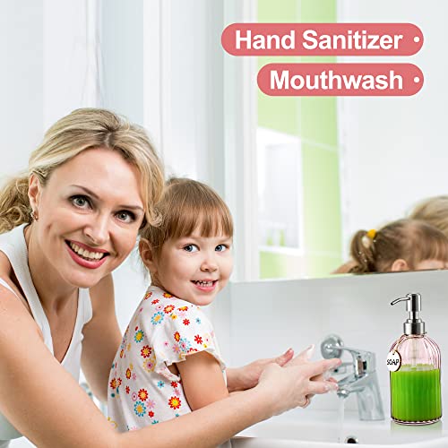 MOCLIF 16OZ Fashion Stripe Clear Glass Refillable Soap Dispenser with 304 Stainless Steel Pump Premium Soap Dispenser, for Kitchen, Bathroom, Hand Sanitizer, Liquid Soap, Lotion, etc. (Clear Pink)