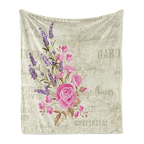 Lunarable Lavender Throw Blanket, Postal Stamps and Postmarks Grungy Backdrop Romantic Bridal Corsage, Flannel Fleece Accent Piece Soft Couch Cover for Adults, 50" x 70", Pale Pink Lavender Tan