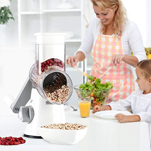 Ourokhome Rotary Cheese Grater Shredder - 3 Drum Blades Manual Speed Round Food Slicer Nut Grinder with Strong Suction Base for Cheese, Vegetable, Walnut, Chocolate, Potato, Carrot, White Gray