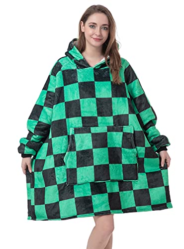 ARTHMOM Comfy Wearable Blanket Hoodie for Women Men Adult, Oversized Sherpa Fuzzy Fleece Sweatershirt Blanket with Giant hood and Pocket, One Size Fits All (Plaid-Green)
