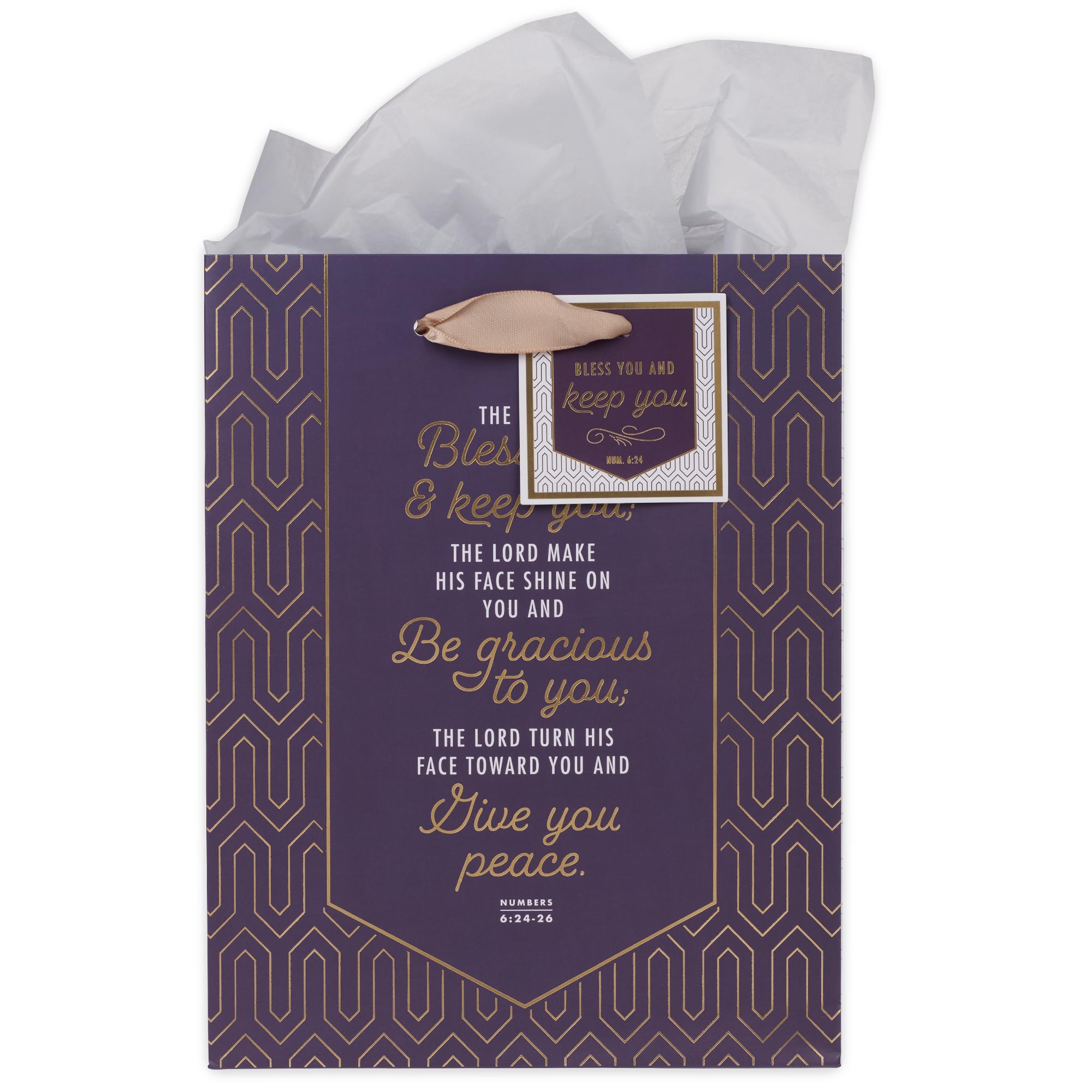 Christian Art Gifts Decorative Portrait Gift Bag with Tissue Paper Set for Women: The Lord Bless You and Keep You - Numbers 6:24 Inspirational Bible Verse, Purple, Medium
