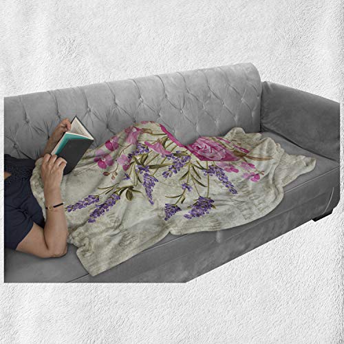 Lunarable Lavender Throw Blanket, Postal Stamps and Postmarks Grungy Backdrop Romantic Bridal Corsage, Flannel Fleece Accent Piece Soft Couch Cover for Adults, 50" x 70", Pale Pink Lavender Tan