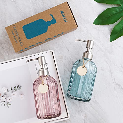 MOCLIF 16OZ Fashion Stripe Clear Glass Refillable Soap Dispenser with 304 Stainless Steel Pump Premium Soap Dispenser, for Kitchen, Bathroom, Hand Sanitizer, Liquid Soap, Lotion, etc. (Clear Pink)