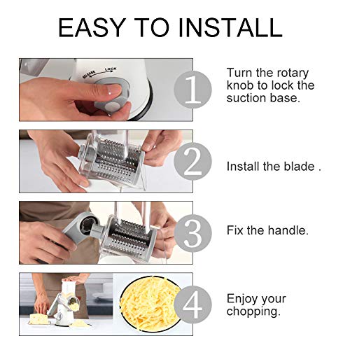 Ourokhome Rotary Cheese Grater Shredder - 3 Drum Blades Manual Speed Round Food Slicer Nut Grinder with Strong Suction Base for Cheese, Vegetable, Walnut, Chocolate, Potato, Carrot, White Gray