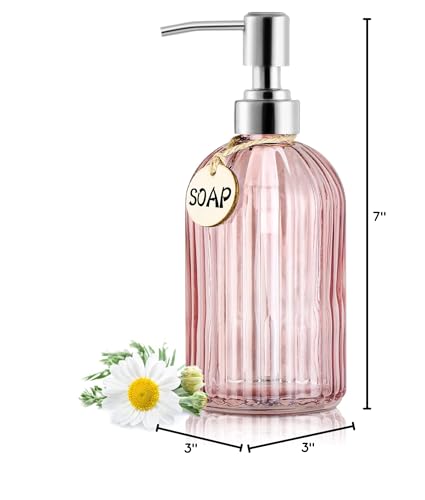 MOCLIF 16OZ Fashion Stripe Clear Glass Refillable Soap Dispenser with 304 Stainless Steel Pump Premium Soap Dispenser, for Kitchen, Bathroom, Hand Sanitizer, Liquid Soap, Lotion, etc. (Clear Pink)