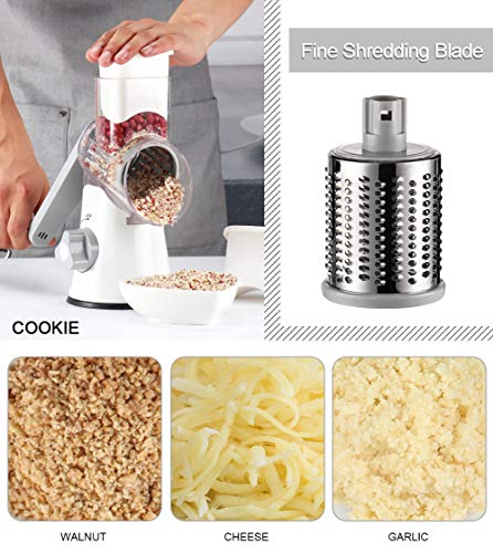 Ourokhome Rotary Cheese Grater Shredder - 3 Drum Blades Manual Speed Round Food Slicer Nut Grinder with Strong Suction Base for Cheese, Vegetable, Walnut, Chocolate, Potato, Carrot, White Gray
