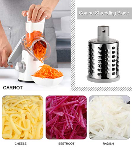 Ourokhome Rotary Cheese Grater Shredder - 3 Drum Blades Manual Speed Round Food Slicer Nut Grinder with Strong Suction Base for Cheese, Vegetable, Walnut, Chocolate, Potato, Carrot, White Gray
