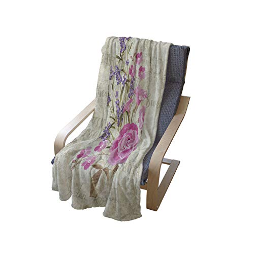 Lunarable Lavender Throw Blanket, Postal Stamps and Postmarks Grungy Backdrop Romantic Bridal Corsage, Flannel Fleece Accent Piece Soft Couch Cover for Adults, 50" x 70", Pale Pink Lavender Tan