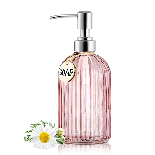 MOCLIF 16OZ Fashion Stripe Clear Glass Refillable Soap Dispenser with 304 Stainless Steel Pump Premium Soap Dispenser, for Kitchen, Bathroom, Hand Sanitizer, Liquid Soap, Lotion, etc. (Clear Pink)