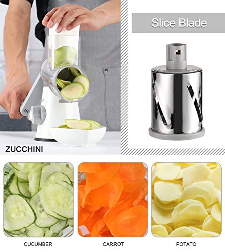Ourokhome Rotary Cheese Grater Shredder - 3 Drum Blades Manual Speed Round Food Slicer Nut Grinder with Strong Suction Base for Cheese, Vegetable, Walnut, Chocolate, Potato, Carrot, White Gray
