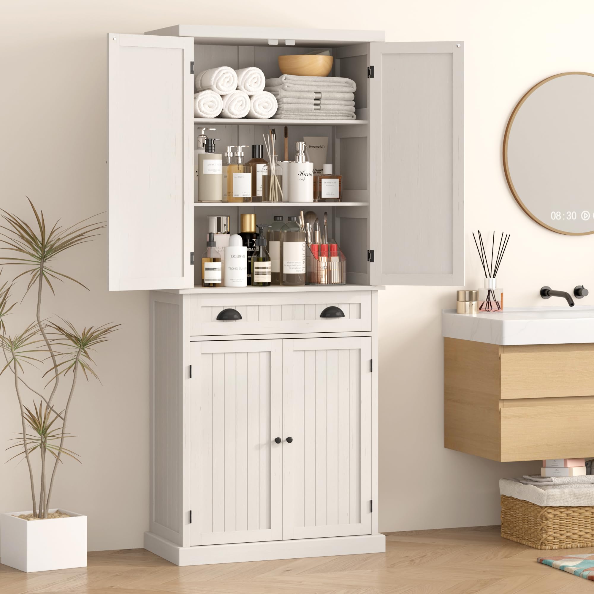 Function Home 72" Kitchen Pantry Cabinet, Tall Storage Cabinet, Freestanding Cupboard with Drawer and Adjustable Shelves, Pantry Cabinets for Kitchen Bathroom Living Room, White