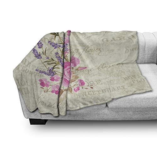 Lunarable Lavender Throw Blanket, Postal Stamps and Postmarks Grungy Backdrop Romantic Bridal Corsage, Flannel Fleece Accent Piece Soft Couch Cover for Adults, 50" x 70", Pale Pink Lavender Tan