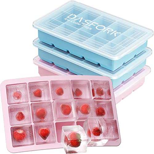 dasfork Ice Cube Trays 4 Pack, Food-grade Silicone Ice Cube Molds with Lid, Flexible Easy Release Silicone Trays for Freezer and Oven, BPA Free
