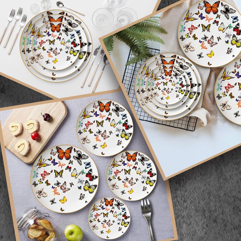 Bone China Plate, Nordic Style 6.5" Butterfly Gold Edge Plate Dessert Plate Ceramic Plate, Household Cutlery Set, Microwave Oven Dishwasher Safe (Size : Set of 4)