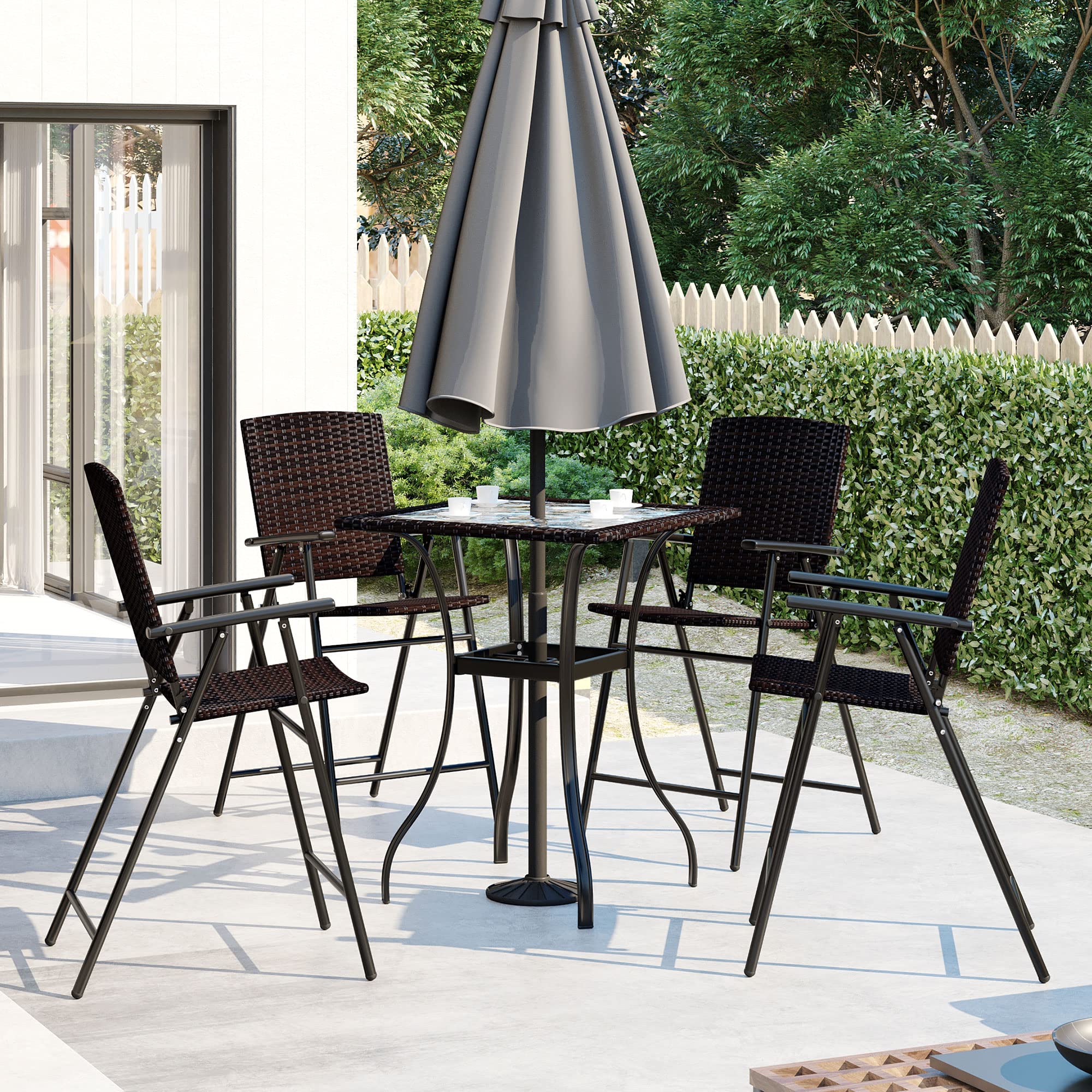 LZ LEISURE ZONE Paito Dining Table Set, 5-Piece Patio Furniture Sets, Outdoor PE Wicker Counter Height Dining Table Set with Umbrella Hole & 4 Foldable Chairs, Brown