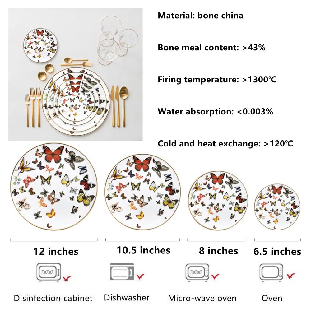 Bone China Plate, Nordic Style 6.5" Butterfly Gold Edge Plate Dessert Plate Ceramic Plate, Household Cutlery Set, Microwave Oven Dishwasher Safe (Size : Set of 4)