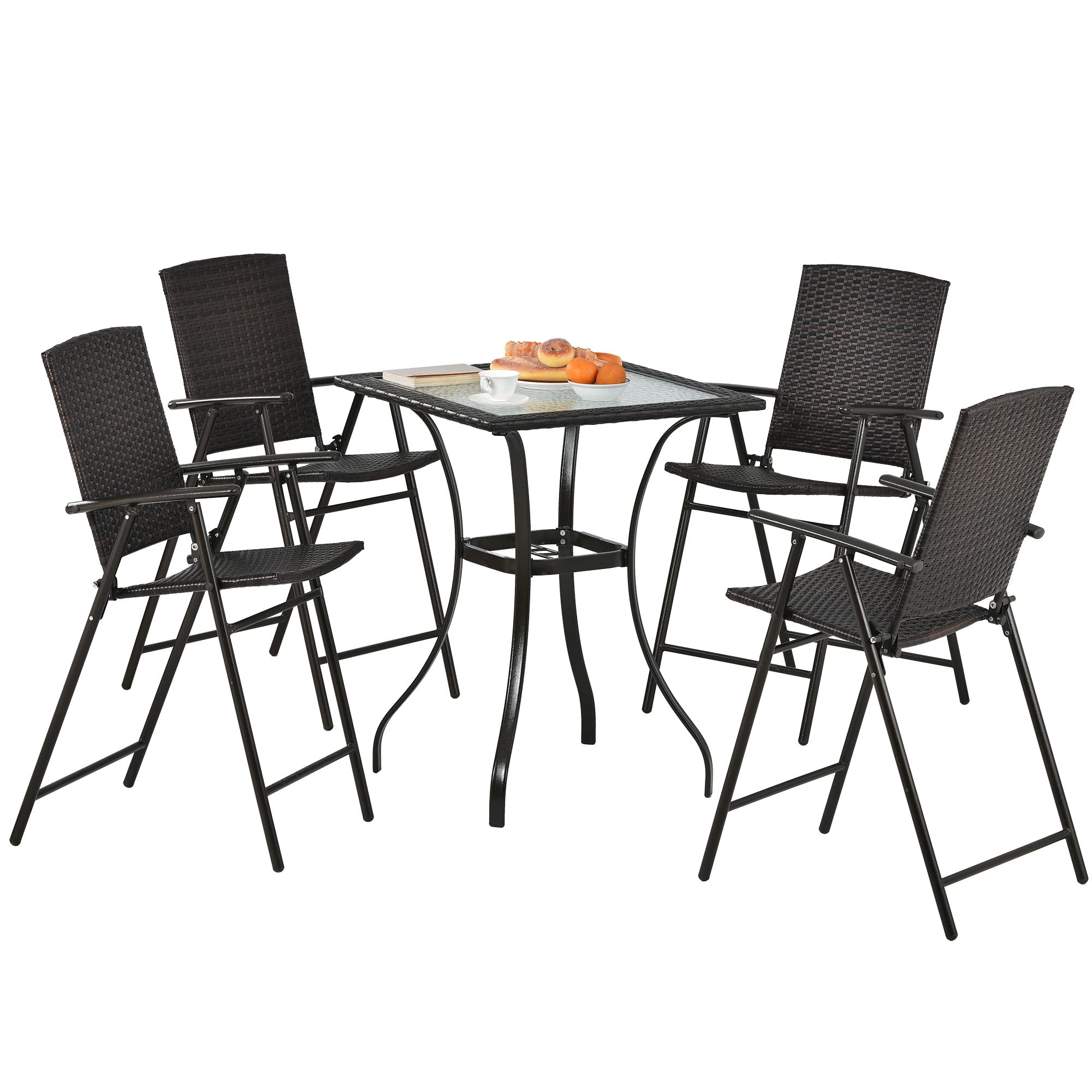 LZ LEISURE ZONE Paito Dining Table Set, 5-Piece Patio Furniture Sets, Outdoor PE Wicker Counter Height Dining Table Set with Umbrella Hole & 4 Foldable Chairs, Brown