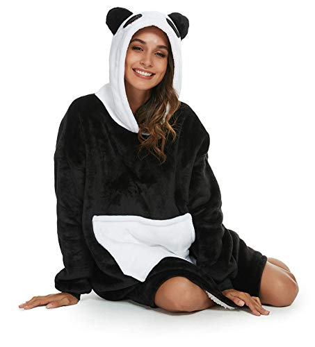 LATH.PIN Panda Wearable Blanket Hoodie Oversized Sherpa Fleece Hoodie Blanket Giant Hooded Sweatshirt Blanket Jacket with Sleeves