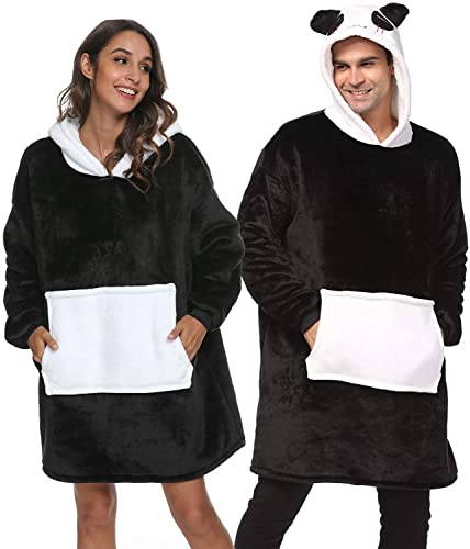 LATH.PIN Panda Wearable Blanket Hoodie Oversized Sherpa Fleece Hoodie Blanket Giant Hooded Sweatshirt Blanket Jacket with Sleeves