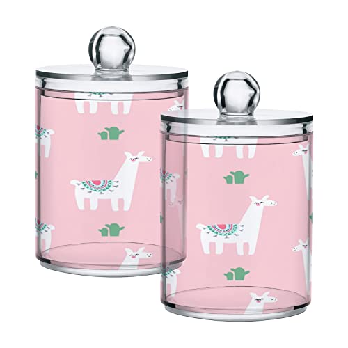 KEEPREAL Cute Lama with Cactus Qtip Holder Dispenser with Lids, 2PCS Plastic Food Storage Canisters, Apothecary Jar Containers for Vanity Organizer Storage
