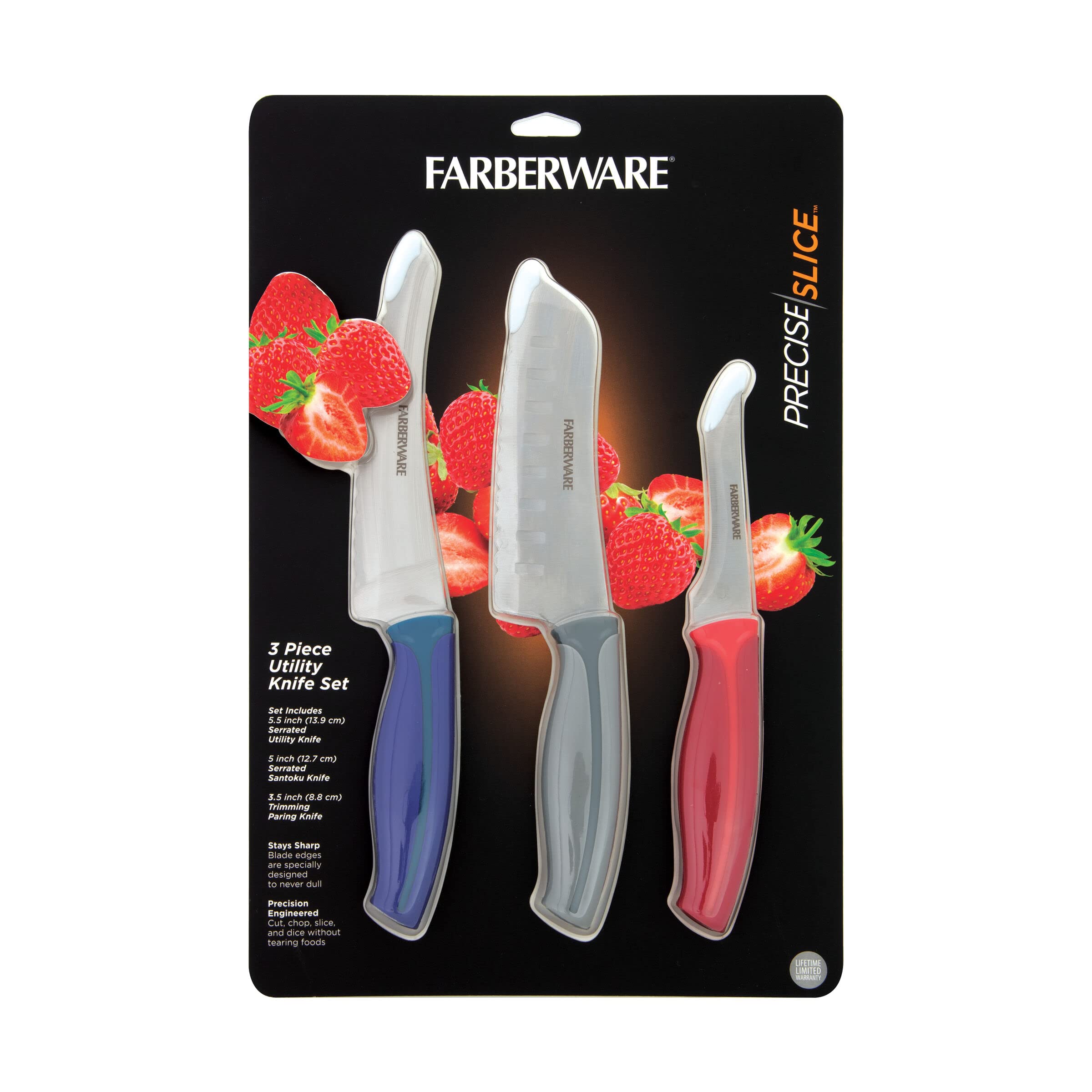 Farberware Precise Slice Utility Knife Set, 3 Piece, Multicolor